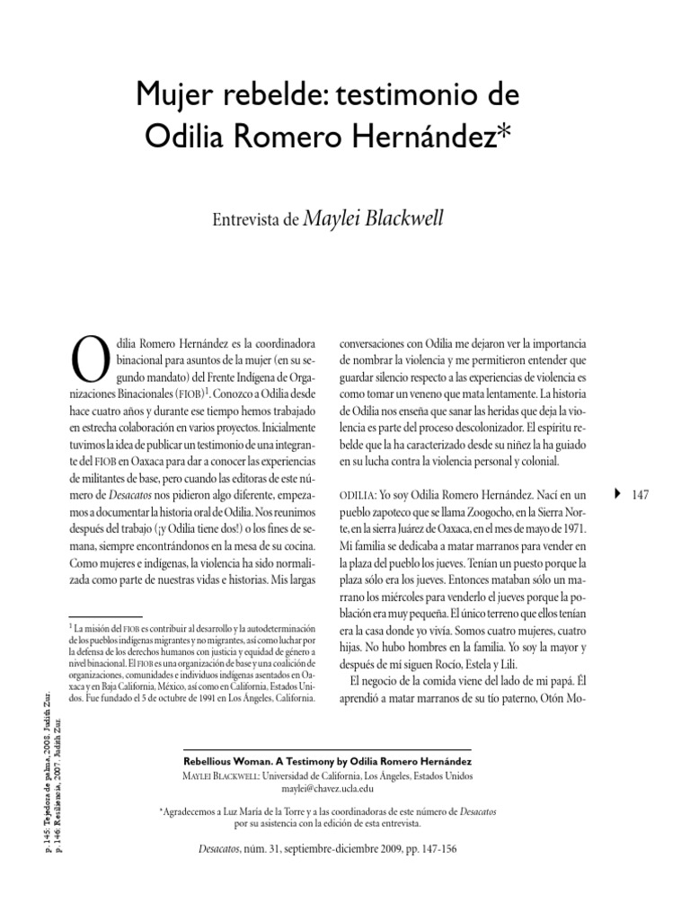Mujer Rebelde Odilia Romero Hernández Pdf Violación