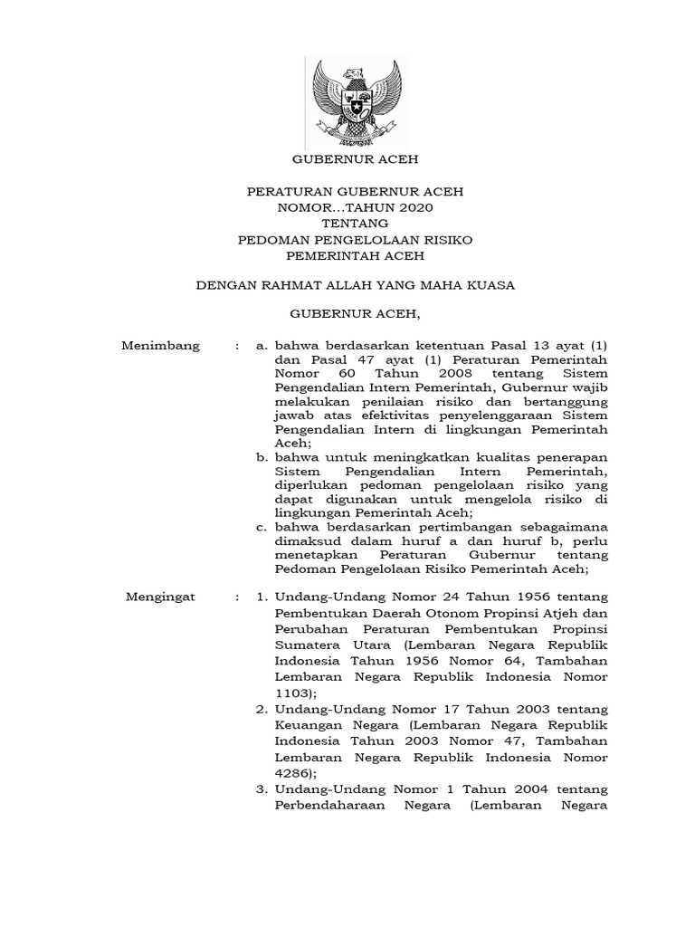 Rancangan Peraturan Gubernur Tahun 2020 Tentang Pedoman Risiko1 | PDF