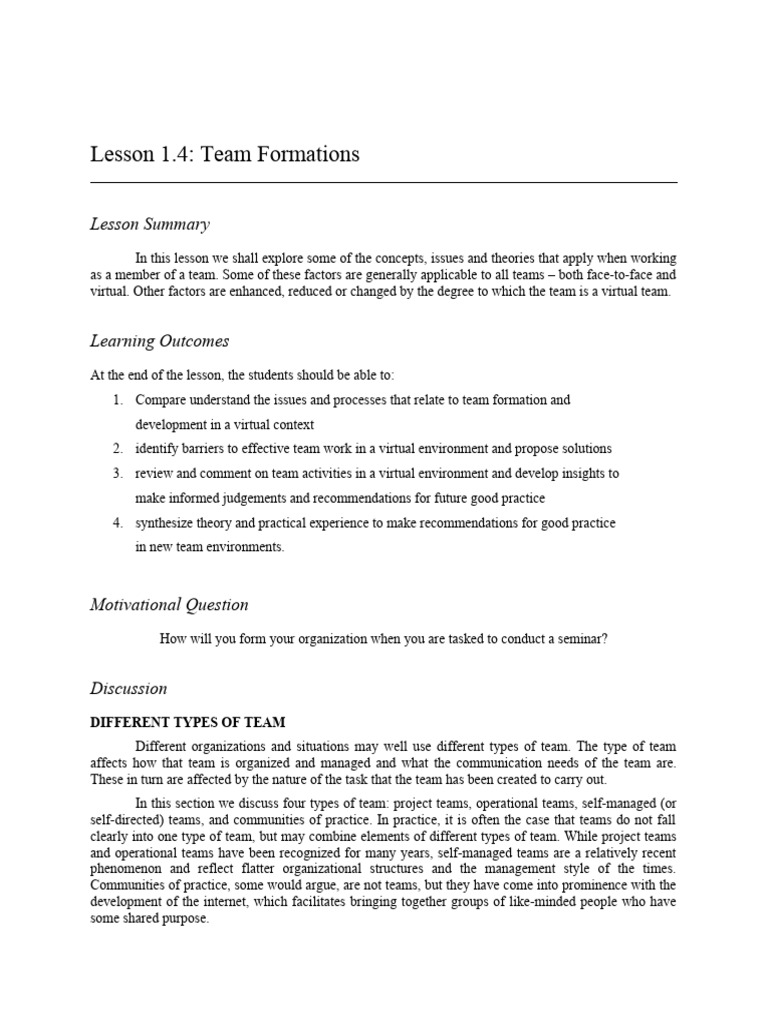 Lesson 1. 4 Team Formations | PDF | Community | Leadership