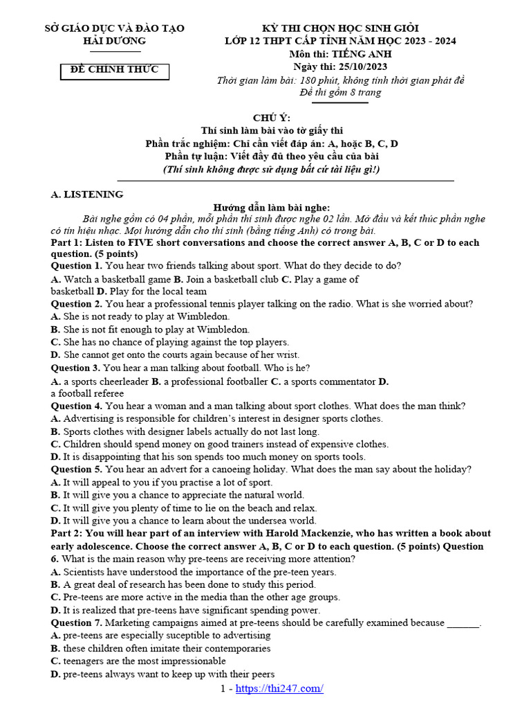 De Hoc Sinh Gioi Cap Tinh Tieng Anh 12 Nam 2023 2024 So GDDT Hai Duong | PDF