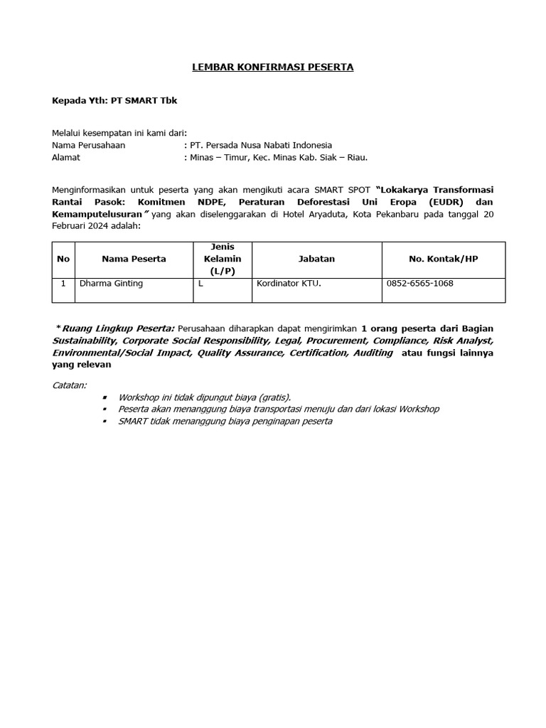 Lembar Konfirmasi Peserta SMART SPOT Lokakarya Transformasi Rantai ...