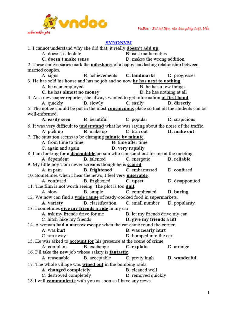 100 Cau Trac Nghiem Tu Dong Nghia | PDF