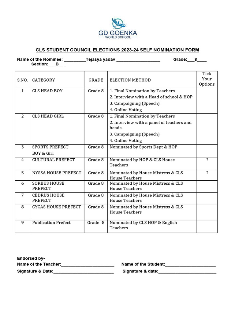 Cls Student Council Students Self Nomination Form 2023 24 Pdf
