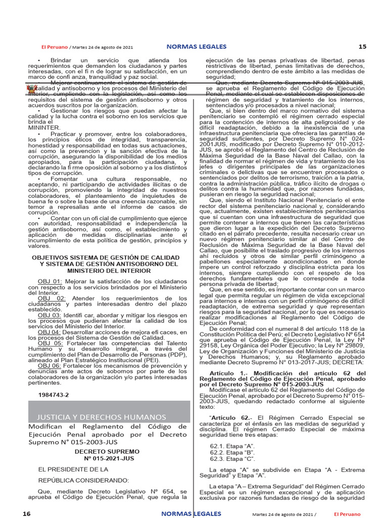Decreto Supremo #015 2021 Jus | PDF | Prisión | Corrupción política