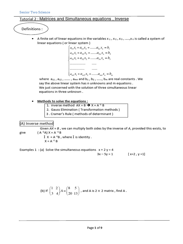 Matrices Ii System Of Linear Equations Pdf System Of Linear