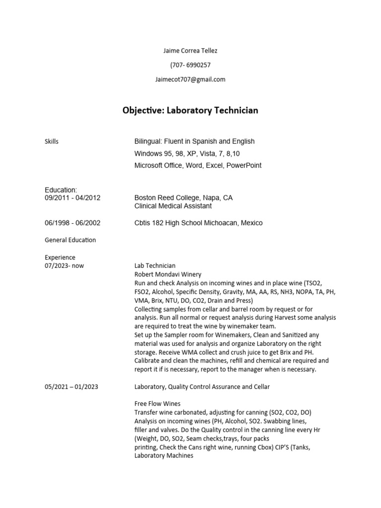 Objective: Laboratory Technician | PDF | Winemaking | Wine