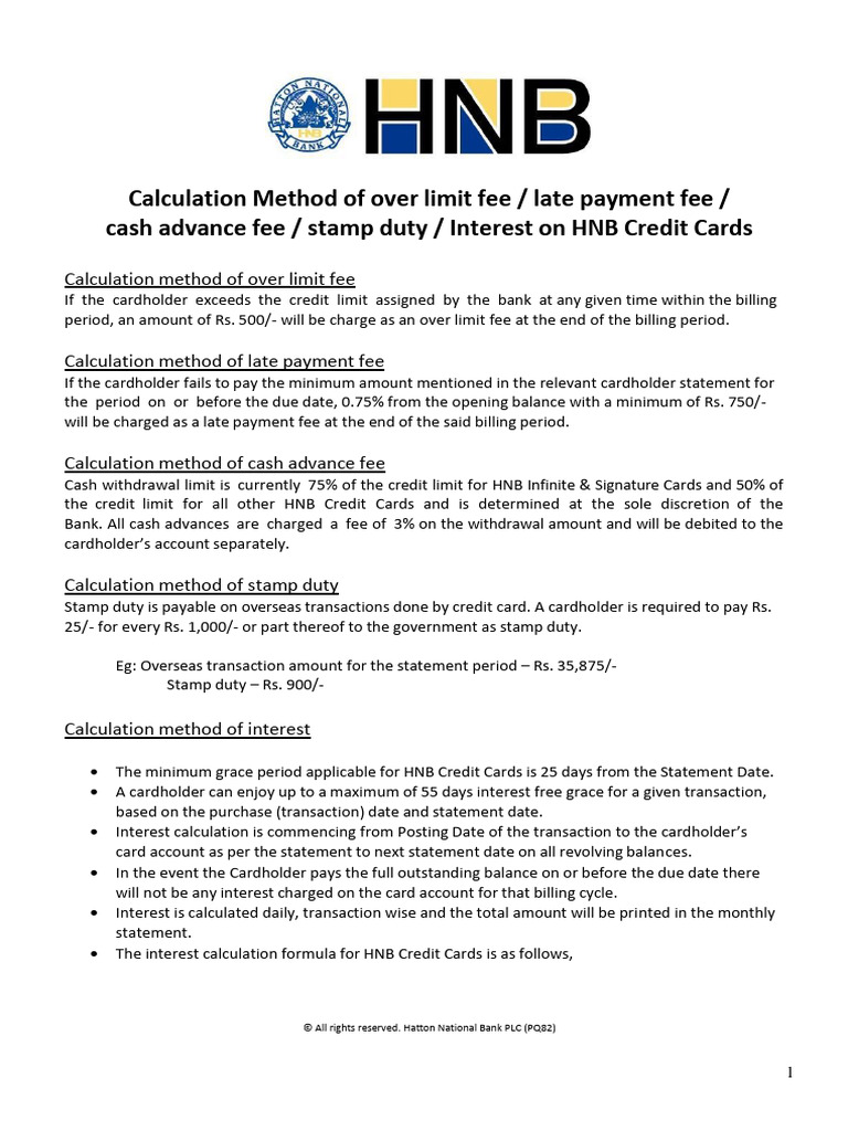 HNB Credit Card Fee Calculations | PDF | Credit Card | Interest