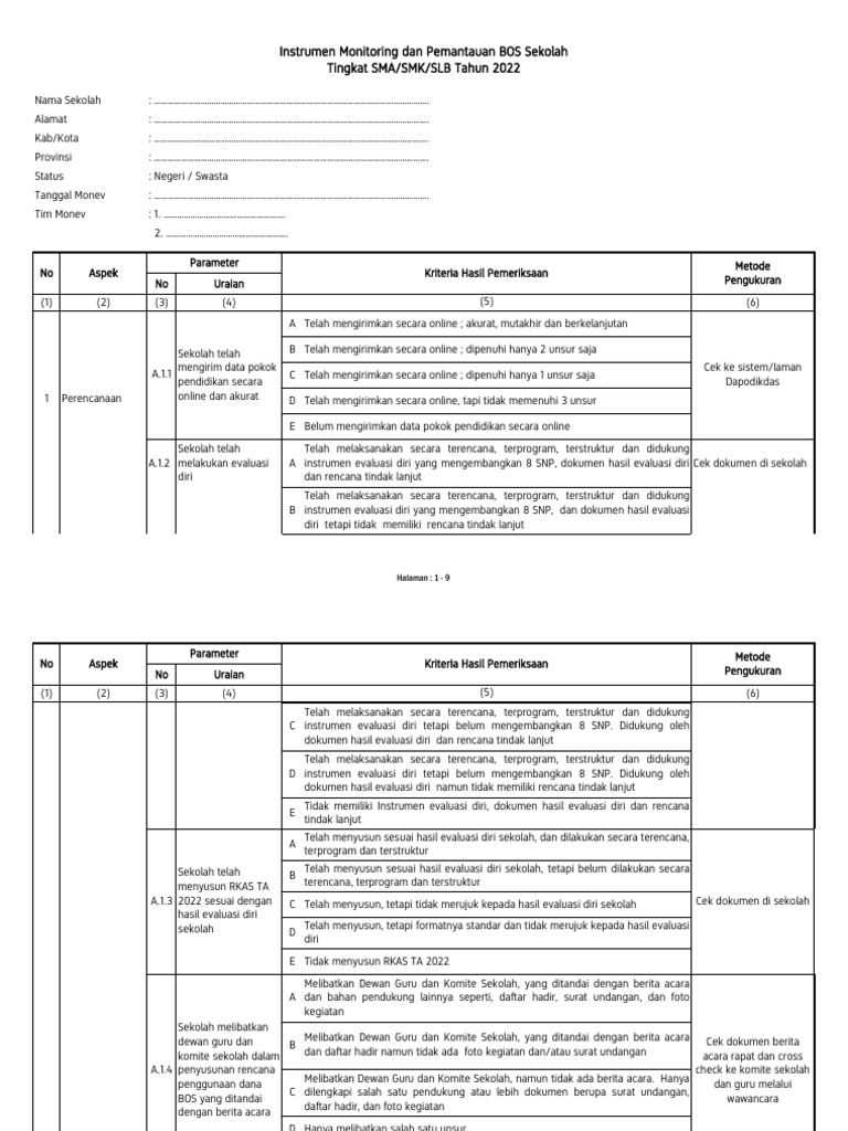 Instrumen BOS Tahap1 Semester1 2022 | PDF