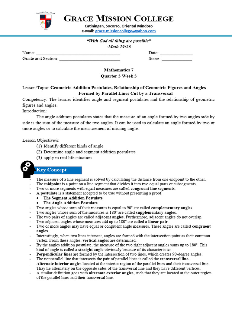 Q1W1 MATH7 Learning Activity Sheet2 | PDF | Angle | Geometry