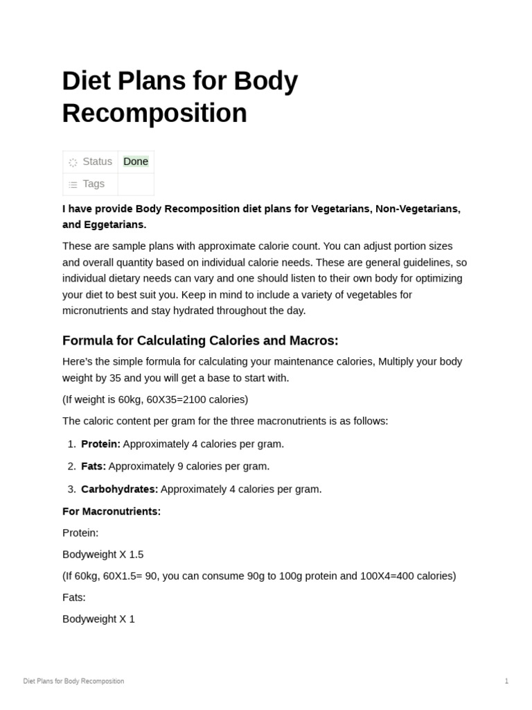 Diet Plans For Body Recomposition | PDF
