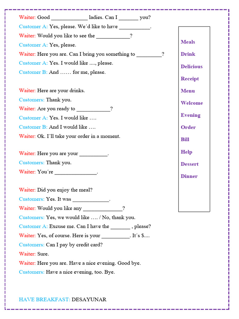 Restaurant Dialogue Practice for Customers | PDF