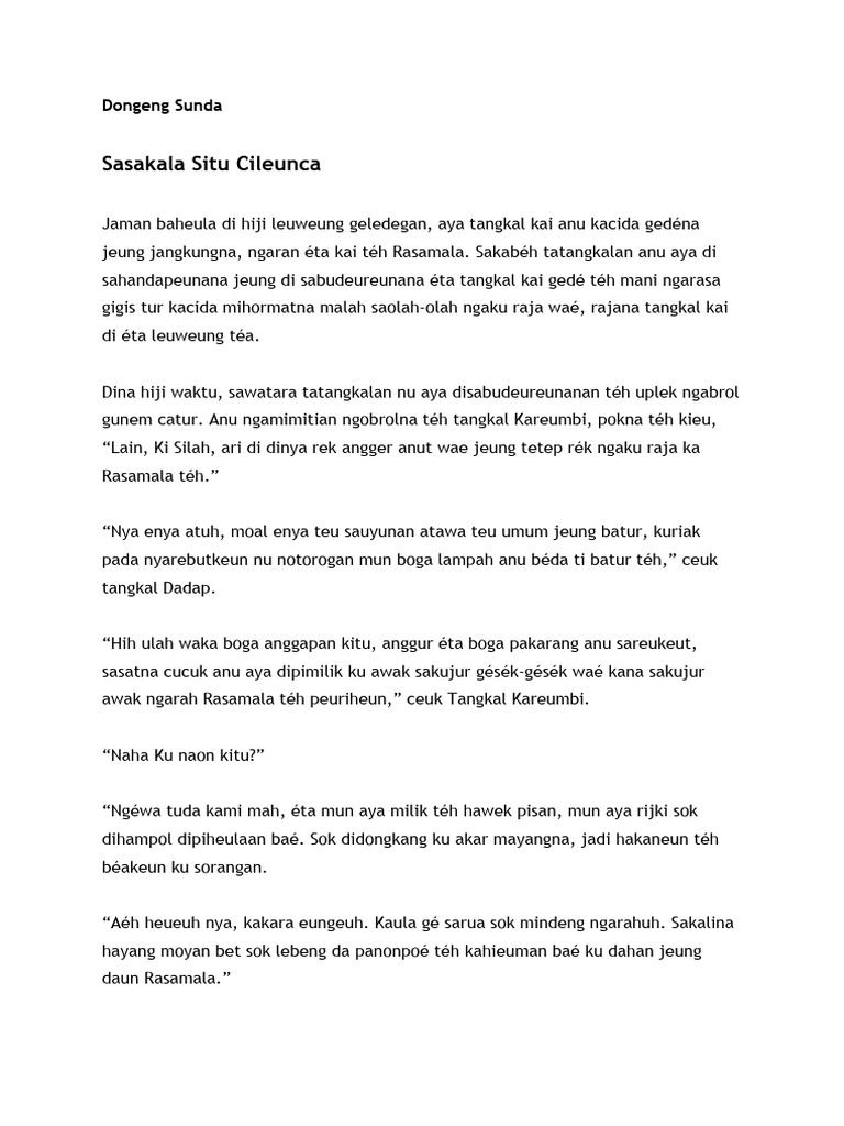 Dongeng Sunda Sasakala Situ Cileunca | PDF