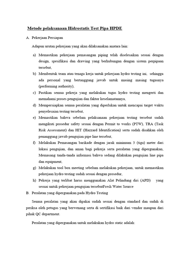 Metode Pelaksanaan Hidrostatis Test Pipa HPDE | PDF