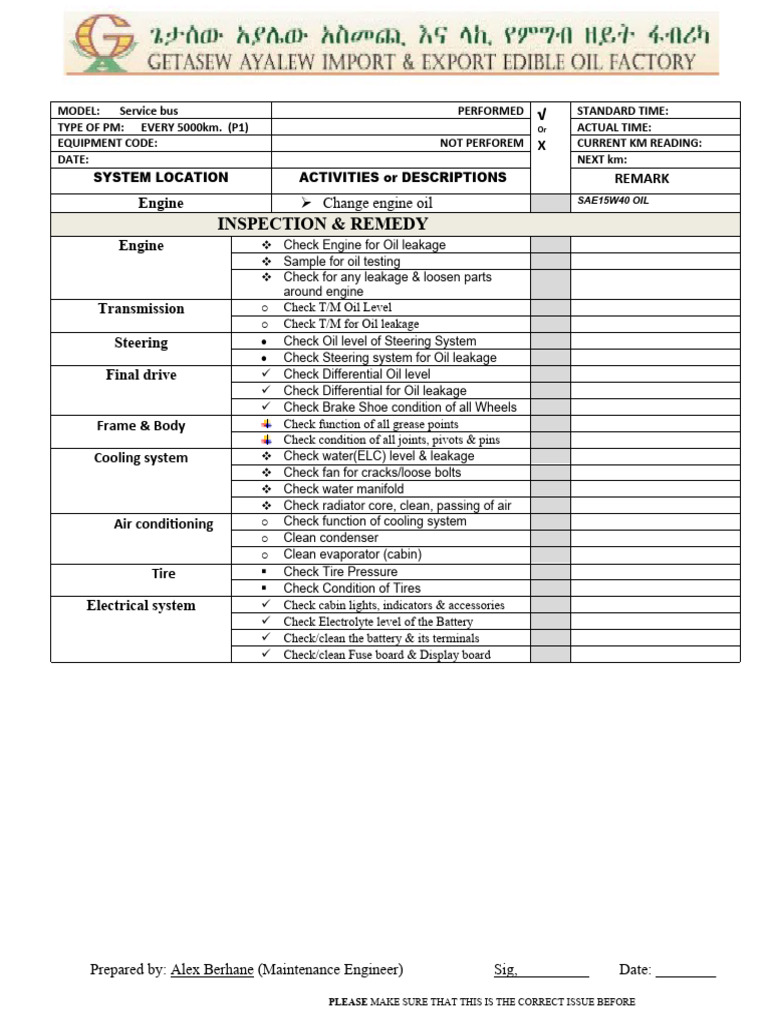 Service Bus Maintenance Checklist | PDF | Truck | Steering