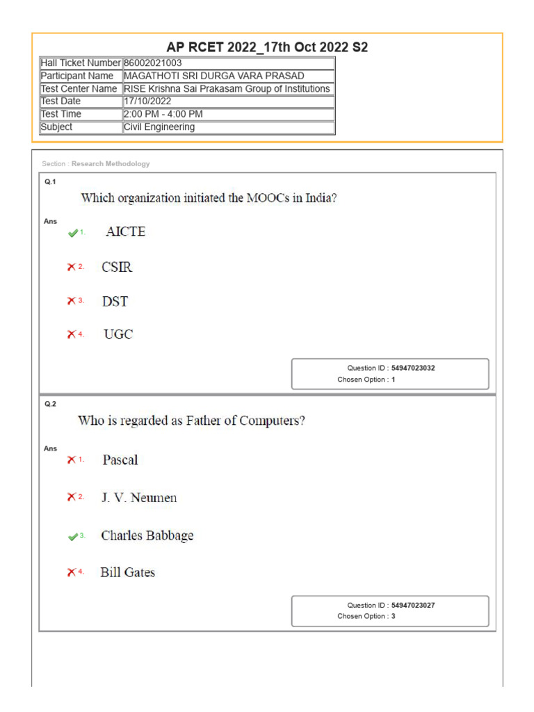 Rcet Response Sheet | PDF