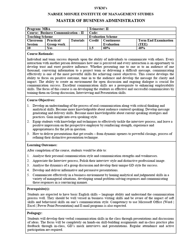 Business Communication Skills II Syllabus | PDF | Communication ...