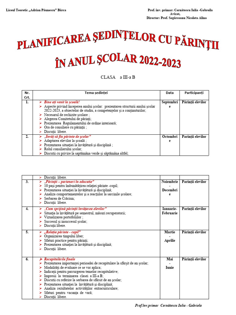 0 Grafic Sedinte Cu Parintii | PDF