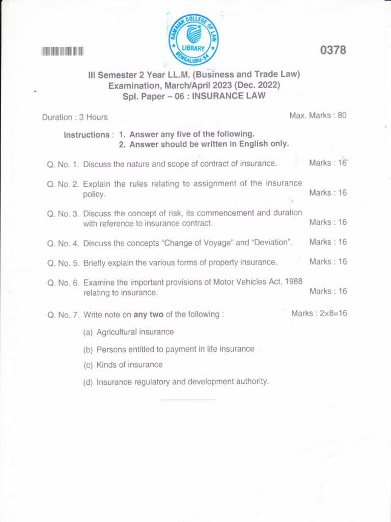 1.insurance 3rd Sem Question Paper | PDF