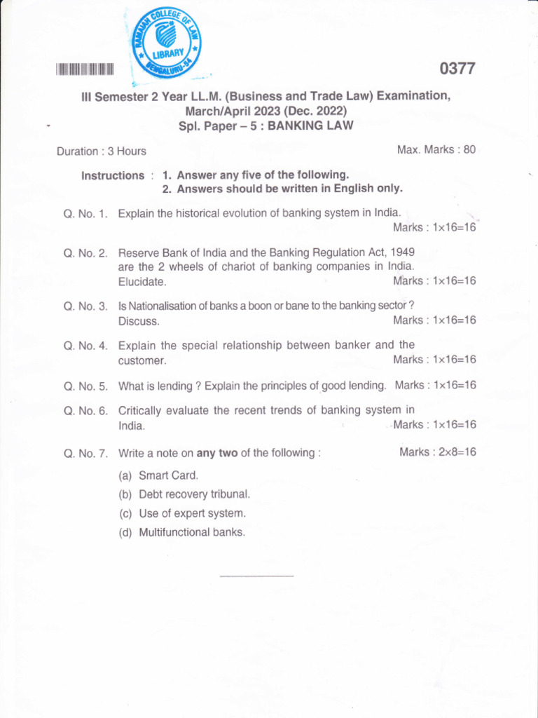 2.banking 3rd Sem Question Paper | PDF