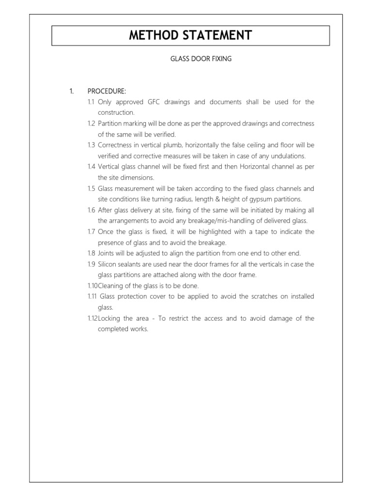 Method Statement Glass Door Fixing. | PDF