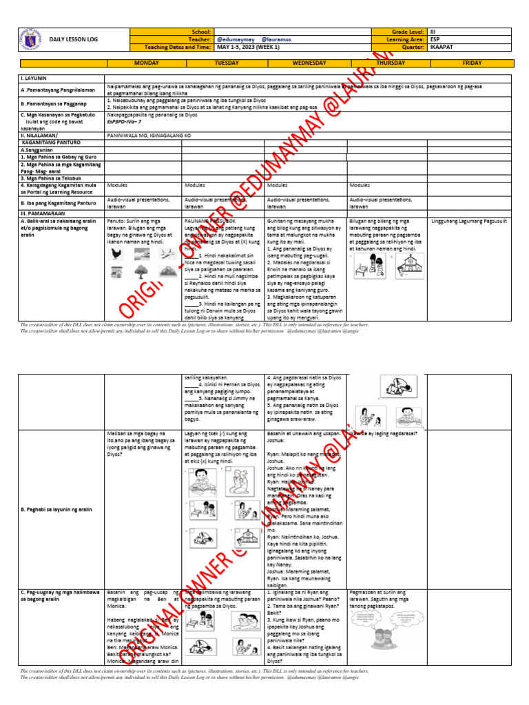 DLL - ESP 3 - Q4 - W1 - Nakapagpapakita NG Pananalig Sa Diyos @edumaymay@lauramos | PDF