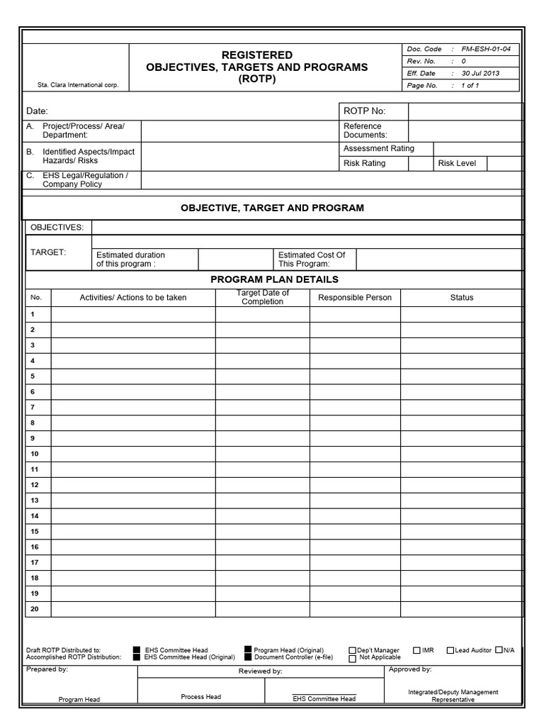 FM-ESH-01-04 Rev0 Registered Objectives Targets & Programs (ROTP) | PDF ...