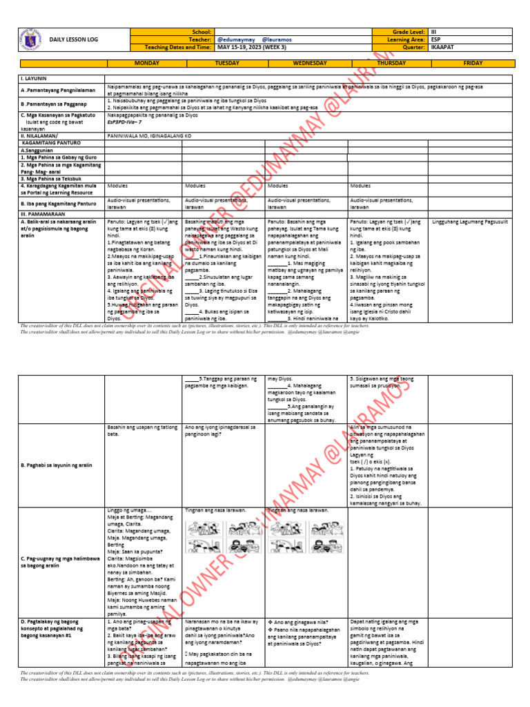 DLL - ESP 3 - Q4 - W3 - Nakapagpapakita NG Pananalig Sa Diyos @edumaymay@lauramos | PDF