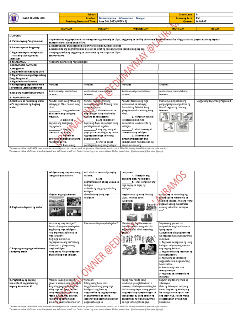 DLL - ESP 3 - Q4 - W6 - Nakapagpapakita NG Paggalang Sa Paniniwala NG Iba Tungkol Sa Diyos ...