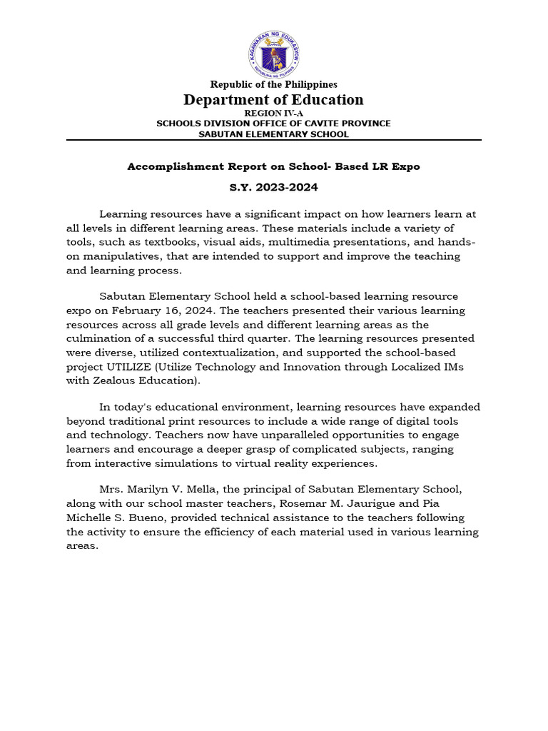 Sabutan Elementary LR Expo Report 2023 | PDF