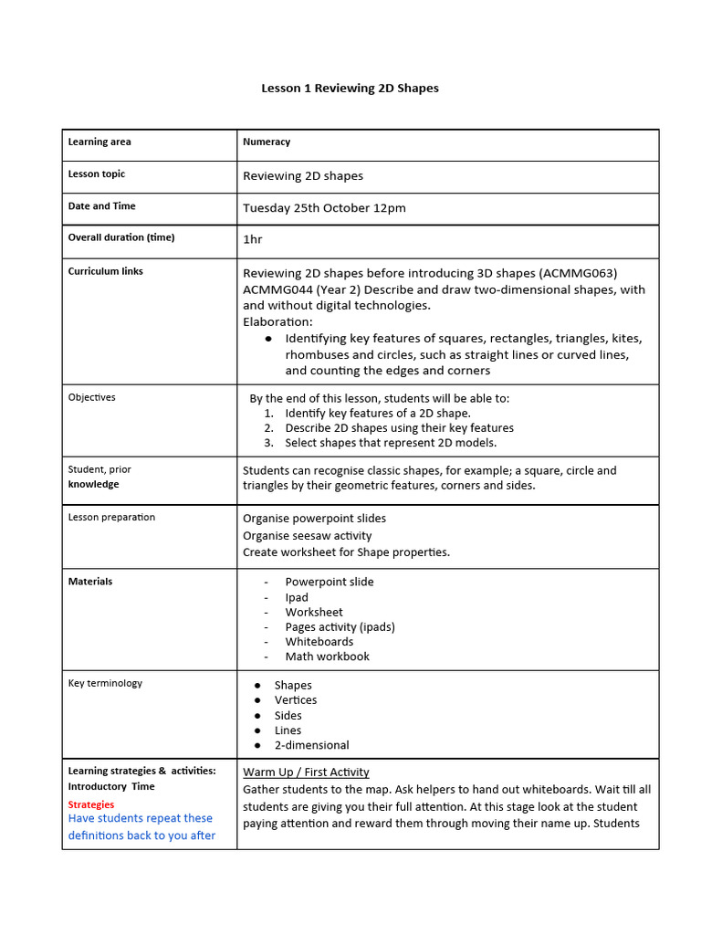Lesson 1 Reviewing 2D Shape | PDF | Shape | Worksheet
