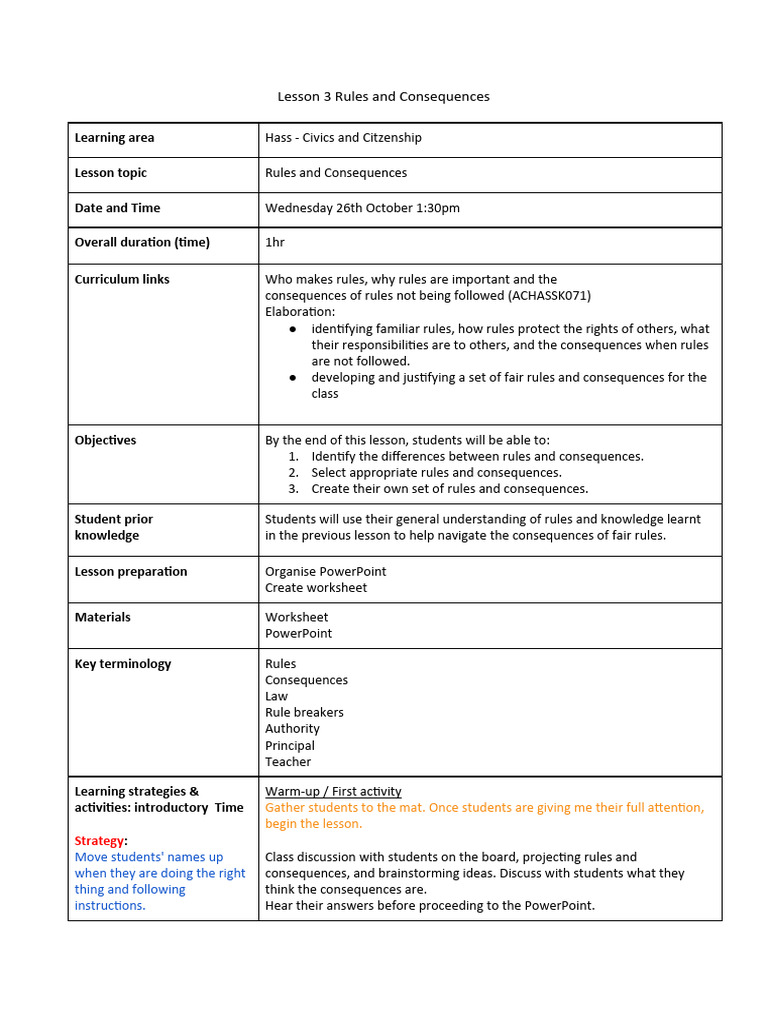 Lesson 3 Rules and Consequences | PDF | Worksheet | Intelligence