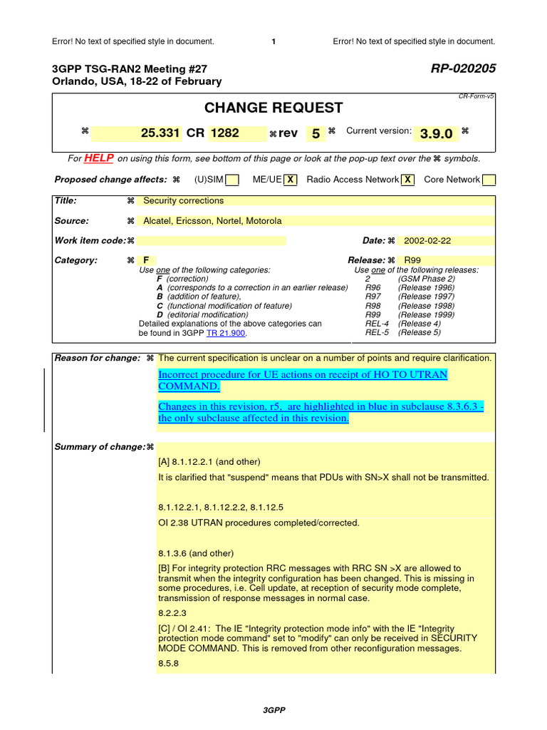 Change Request 5 3.9.0: 25.331 CR 1282 Rev | PDF | Radio ...
