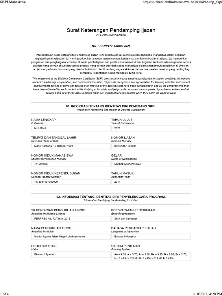 SKPI: Panduan dan Contoh Ijazah S1 | PDF