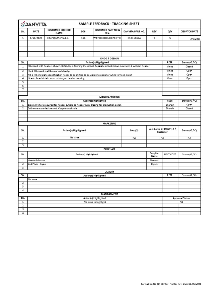 EBS Water Cooler Sample Feedback Sheet | PDF | Manufactured Goods
