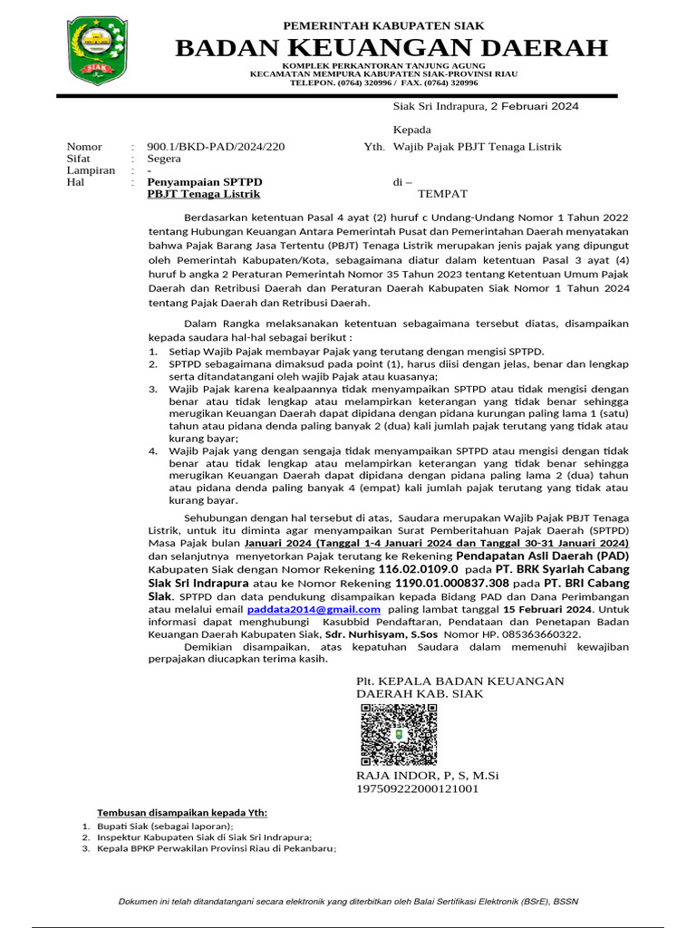 SPTPD Pajak PBJT Tenaga Listrik 2024 | PDF