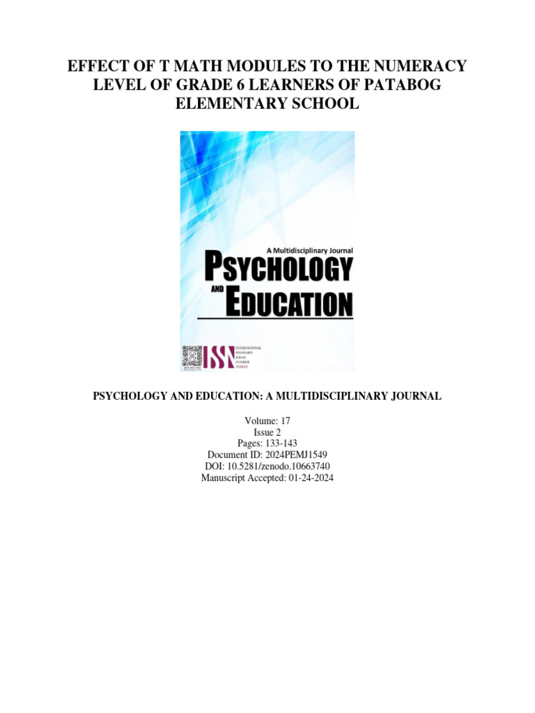 Effect of T Math Modules To The Numeracy Level of Grade 6 Learners of Patabog Elementary School ...