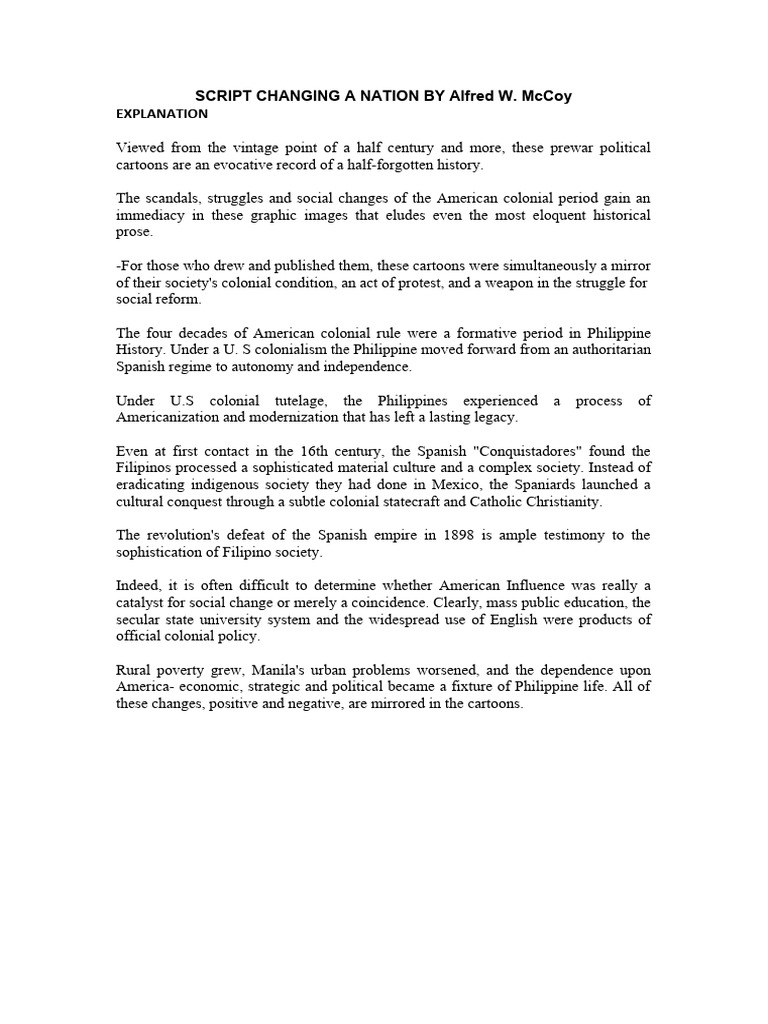 SCRIPT CHANGING A NATION BY Alfred W | PDF | Philippines | Spanish Empire SCRIPT CHANGING A NATION BY Alfred W | PDF | Philippines | Spanish Empire