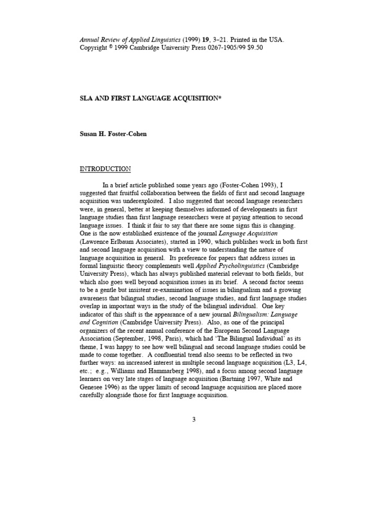 Sla and First Language Acquisition : Annual Review of Applied Linguistics (1999) 19, 3-21 ...