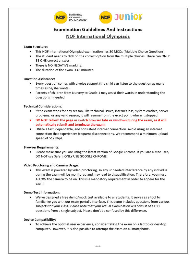 NOF Exam Guidelines and Instructions | PDF