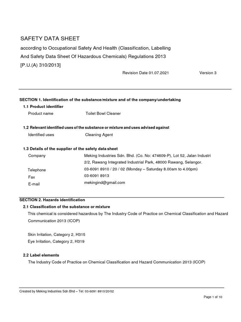 Toilet Bowl Cleaner SDS Ver3 | PDF