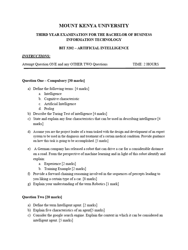 Bit 3202 - Artificial Intelligence Draft Examination | PDF | Intelligence | Artificial Intelligence