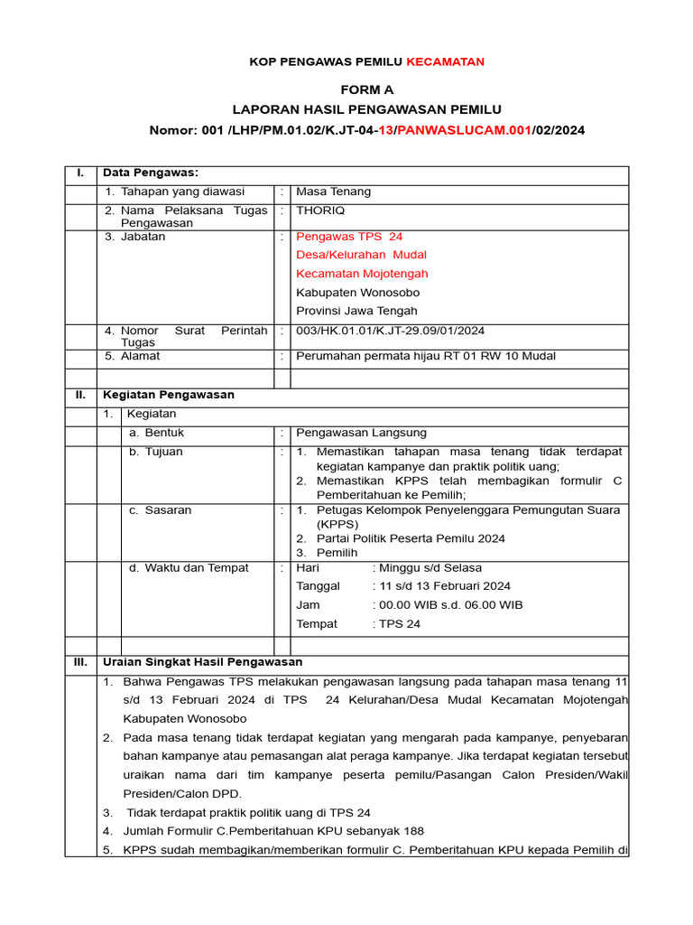 Form A PTPS - Pengawasan Masa Tenang | PDF