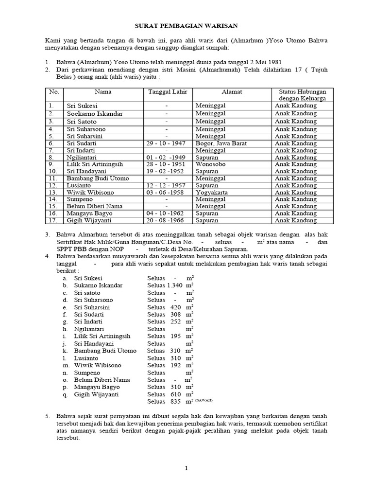 Surat Pembagian Warisan | PDF