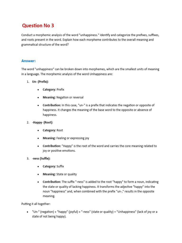 Morphemic Analysis of "Unhappiness" | PDF