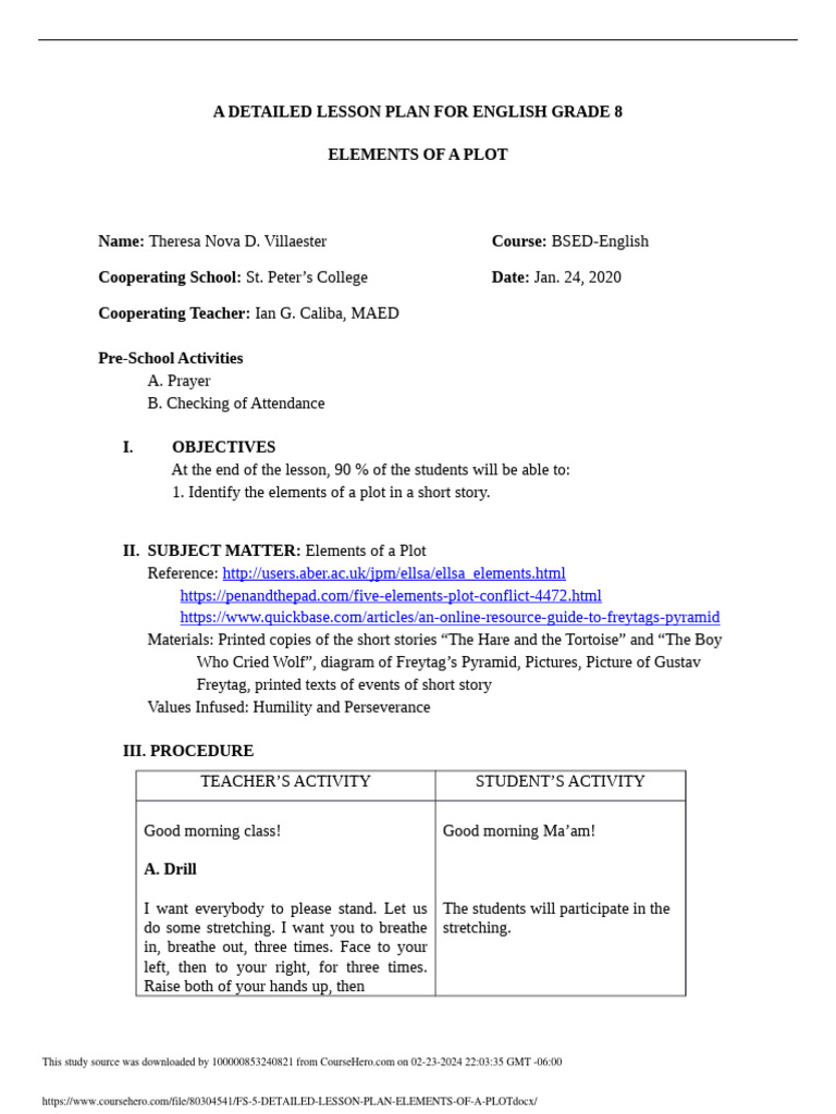 FS 5 Detailed Lesson Plan Elements of A Plot | PDF | Plot (Narrative)