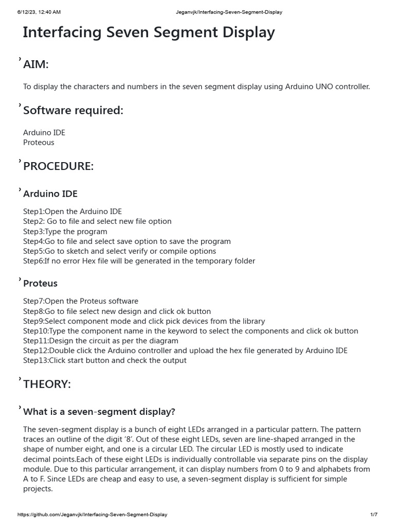 Ex - No 7 Interfacing-Seven-Segment-Display | PDF | Arduino | Light Emitting Diode