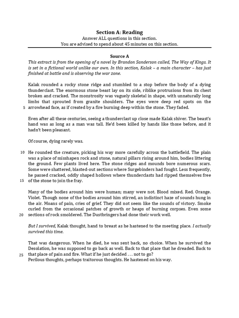 English Language Paper 1 Section A Sample Paper | PDF