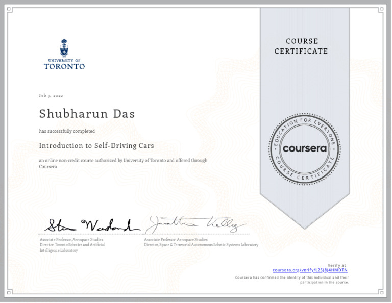 Introduction to Self-Driving Cars Course Completion | PDF