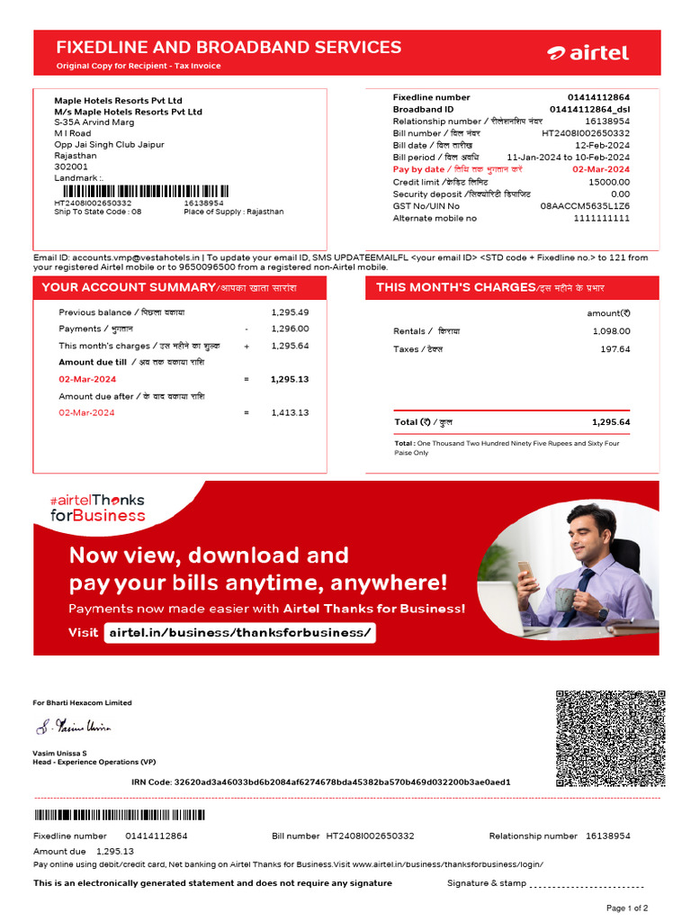 Airtel Invoice-2864 - Feb, 24 | PDF | Payments | Cheque