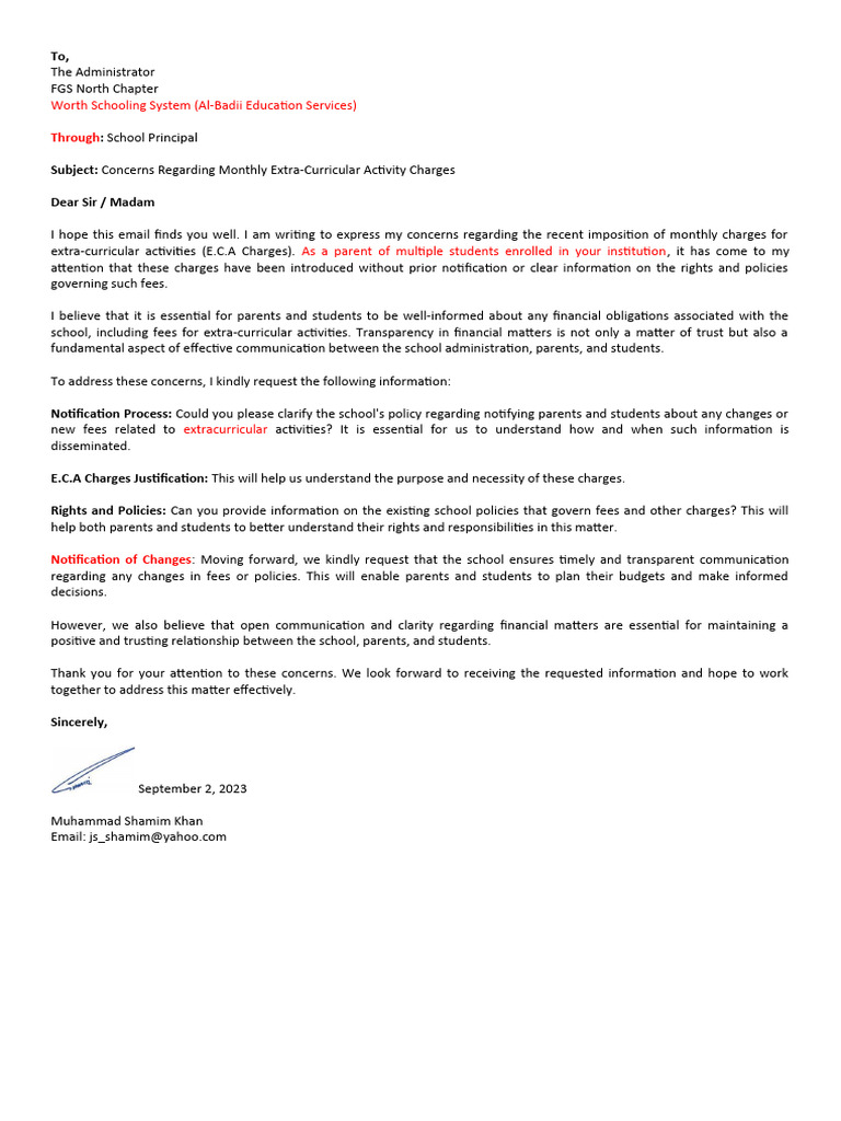 Letter Regarding Monthly Extra-Curricular Activity Charges | PDF